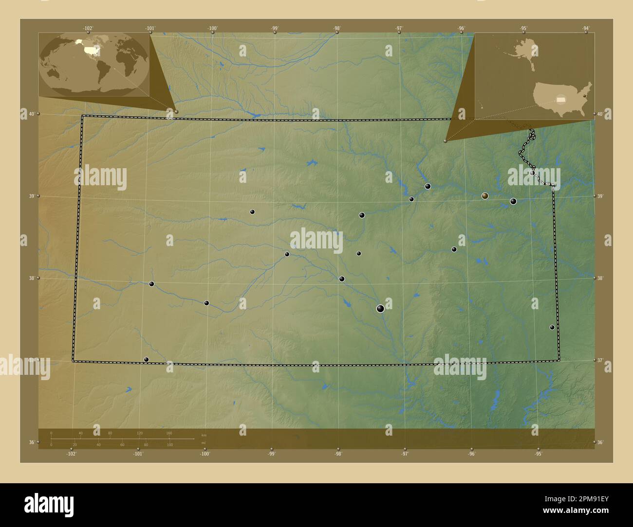Kansas, state of United States of America. Colored elevation map with ...