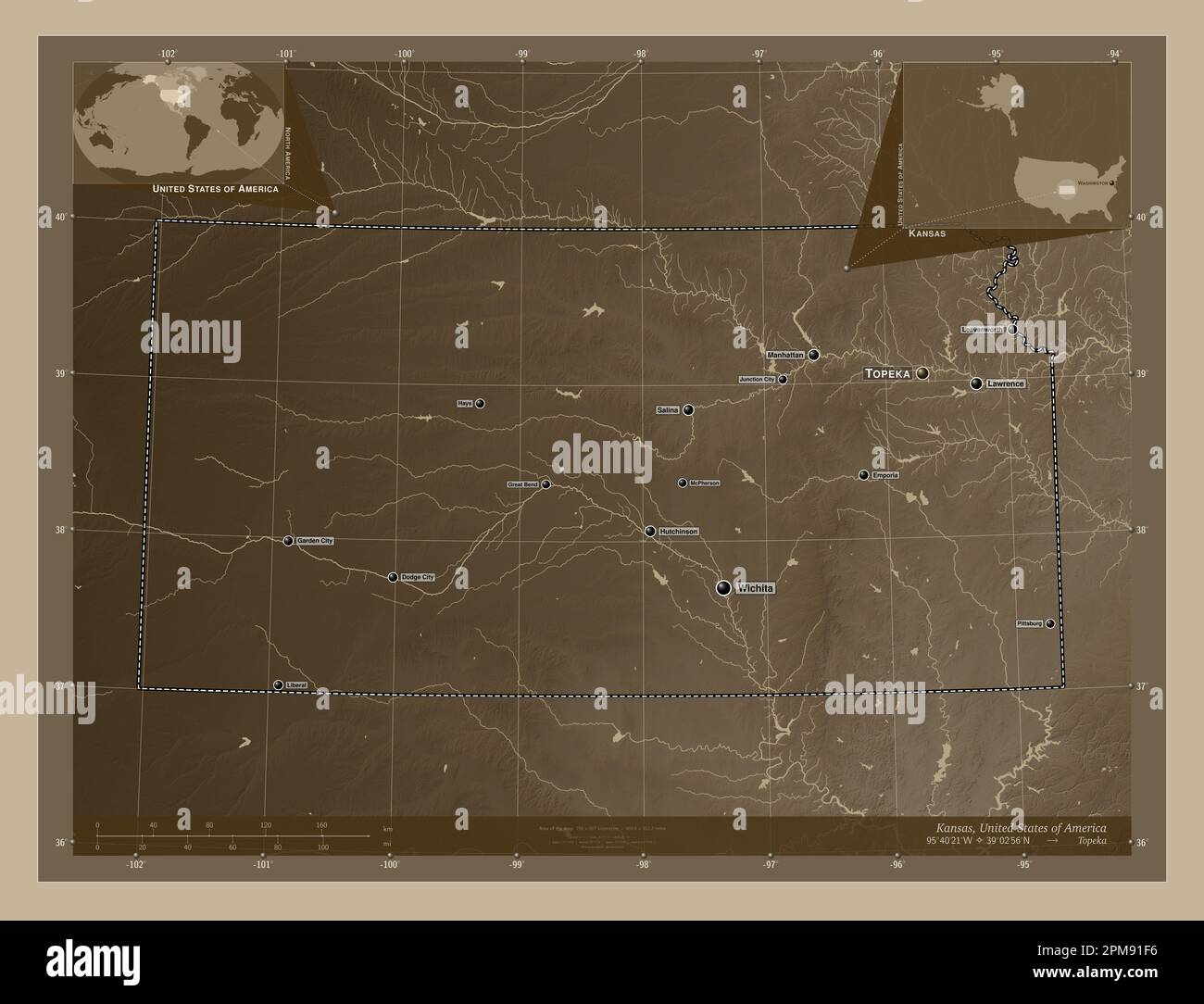Kansas, state of United States of America. Elevation map colored in ...