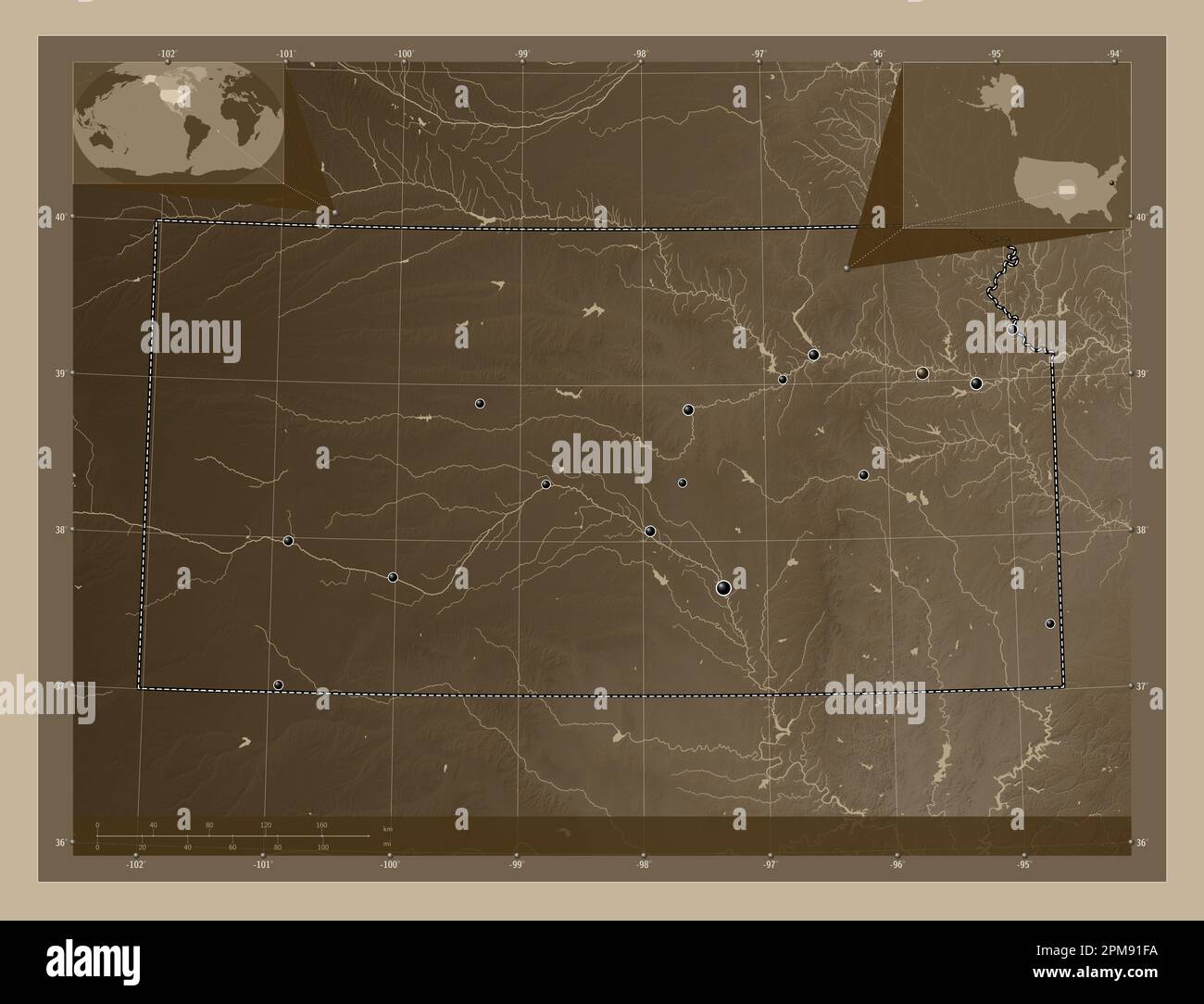 Kansas, state of United States of America. Elevation map colored in ...