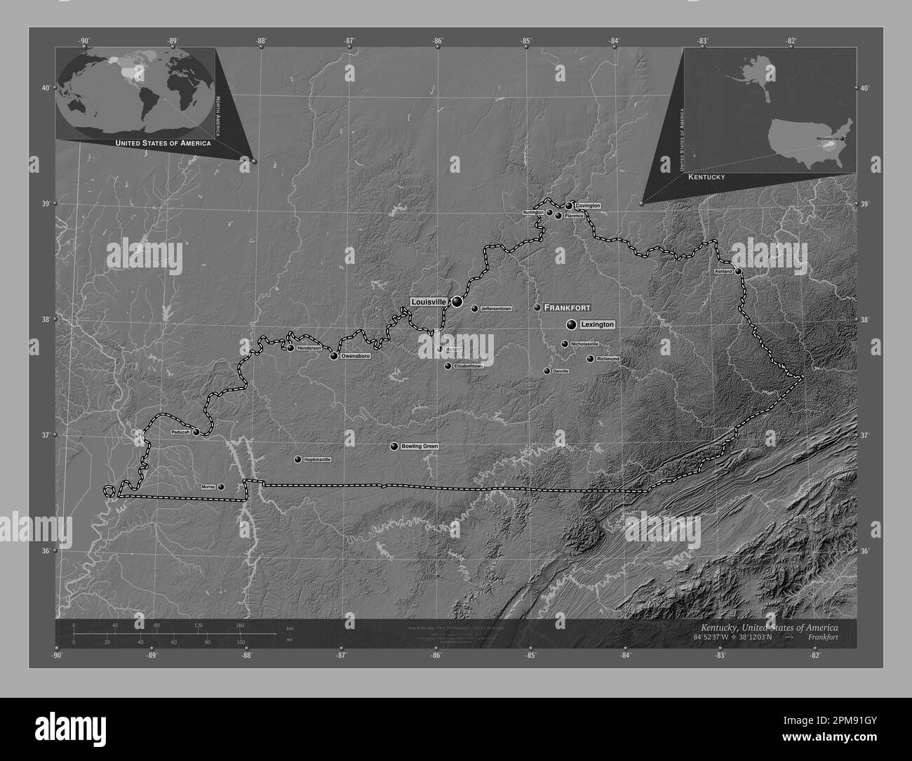 Kentucky, state of United States of America. Bilevel elevation map with ...