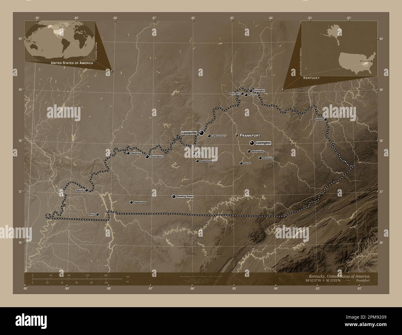 Kentucky, state of United States of America. Elevation map colored in ...
