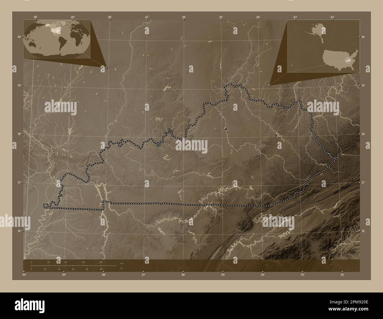 Kentucky, state of United States of America. Elevation map colored in ...
