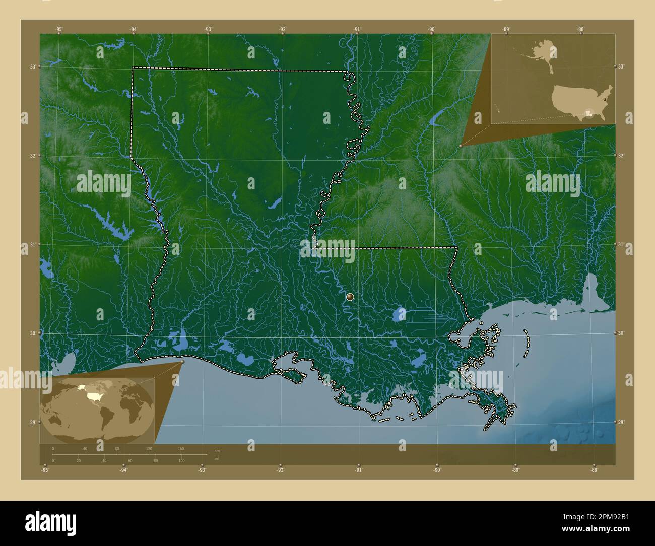 Louisiana, state of United States of America. Colored elevation map ...