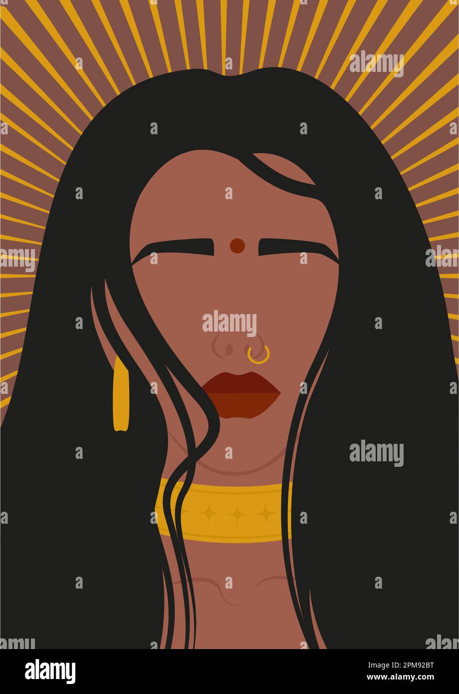 Abstract illustration of young Indian woman with sun. Contemporary art ...