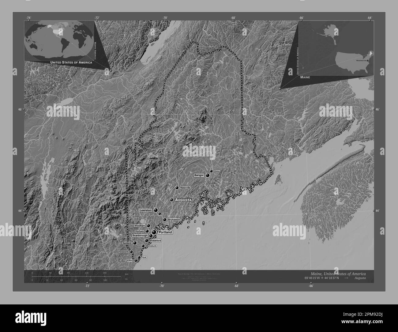 Maine, state of United States of America. Bilevel elevation map with ...