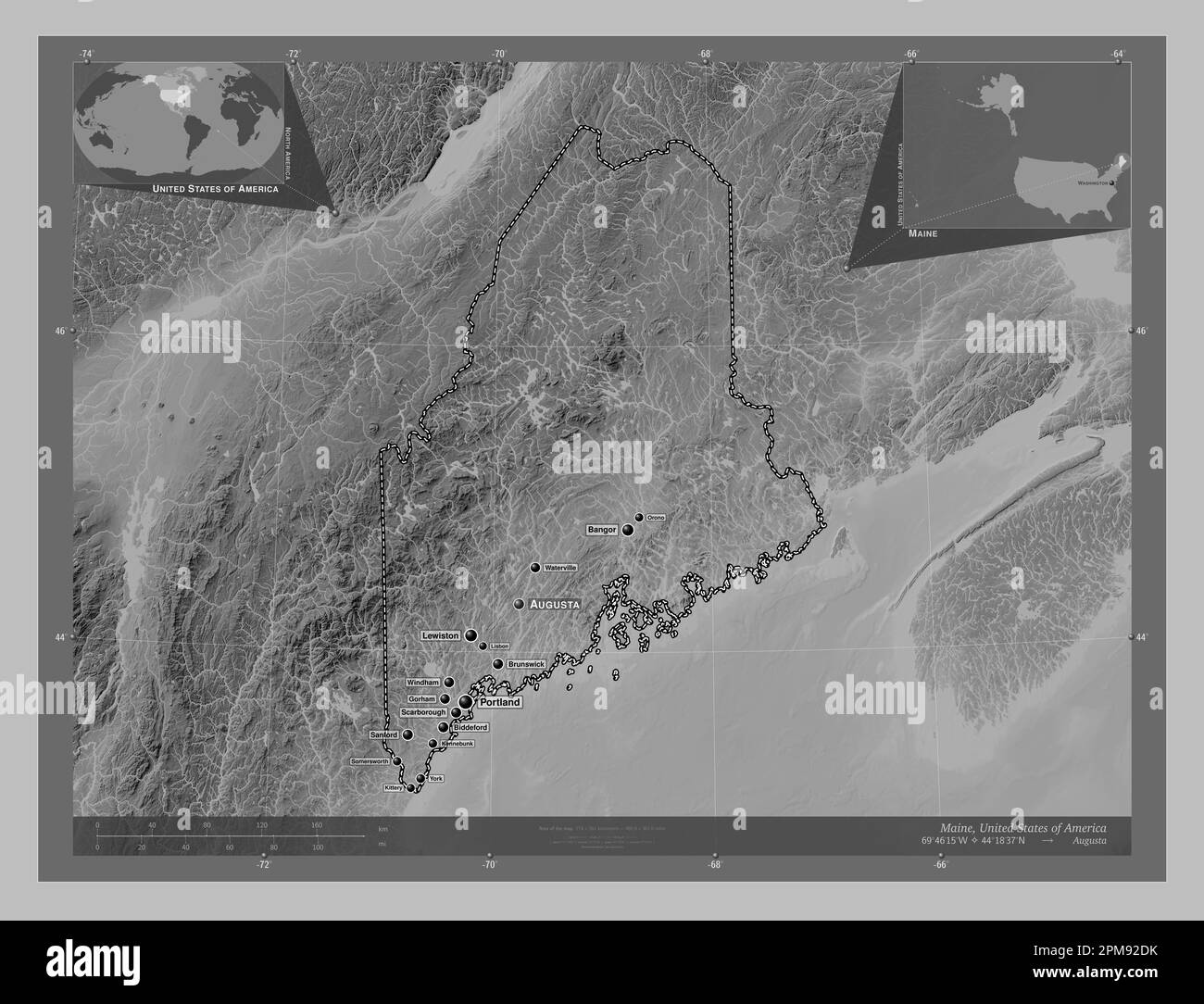 Maine, state of United States of America. Grayscale elevation map with ...