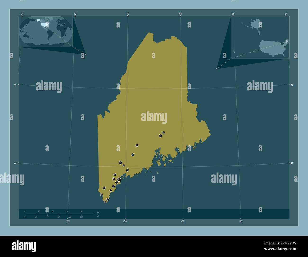 Maine, state of United States of America. Solid color shape. Locations ...