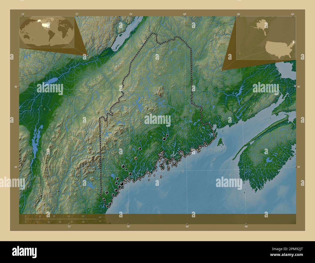 Maine, state of United States of America. Colored elevation map with ...