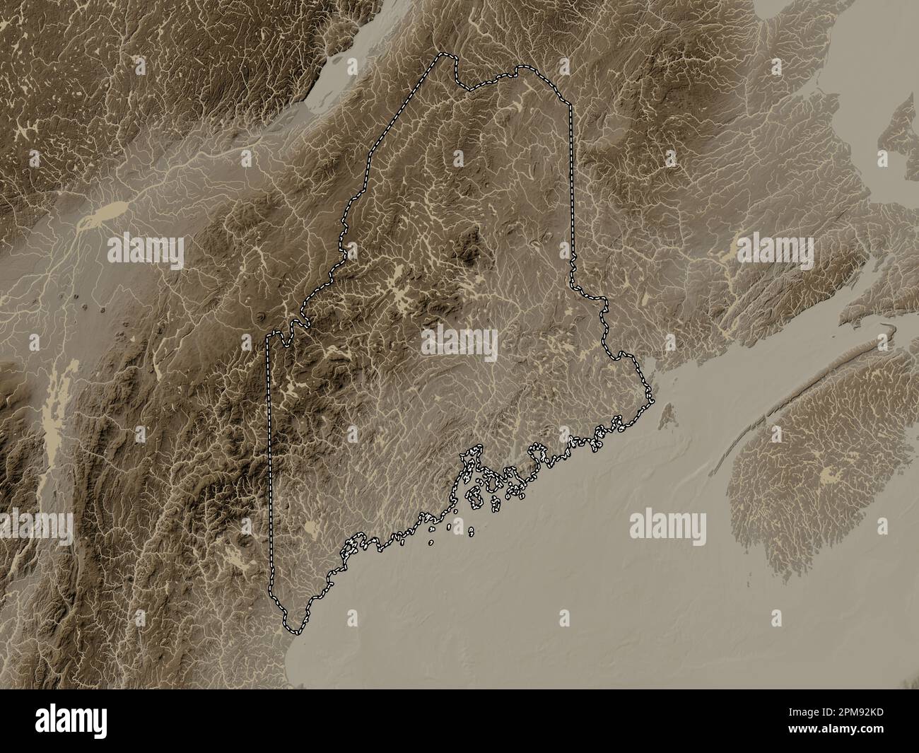 Maine, state of United States of America. Elevation map colored in ...
