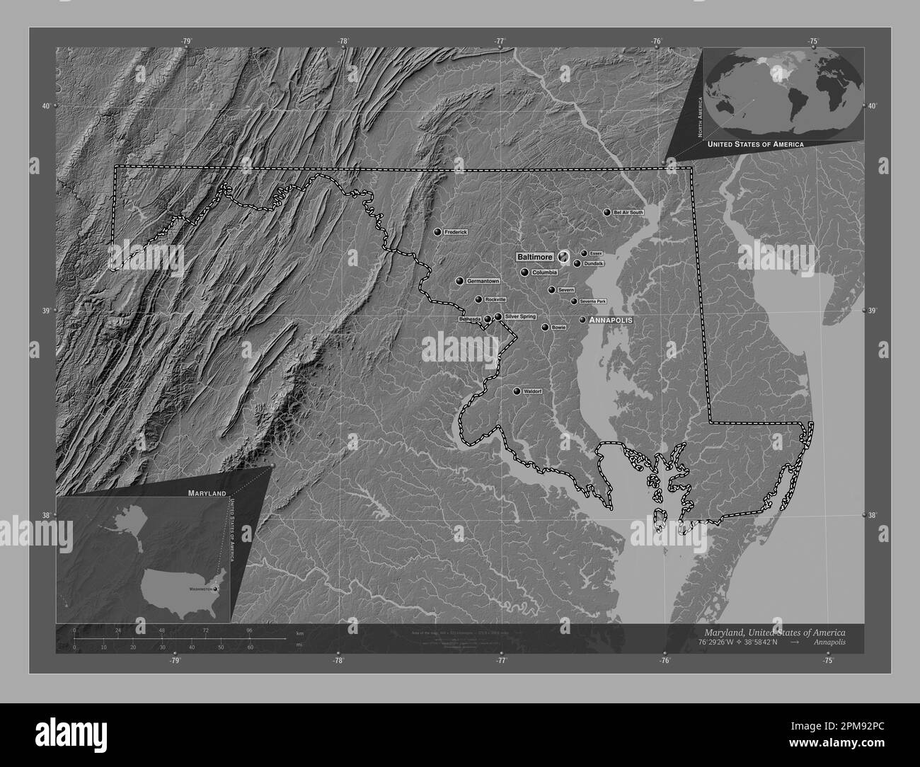 Maryland, state of United States of America. Bilevel elevation map with ...