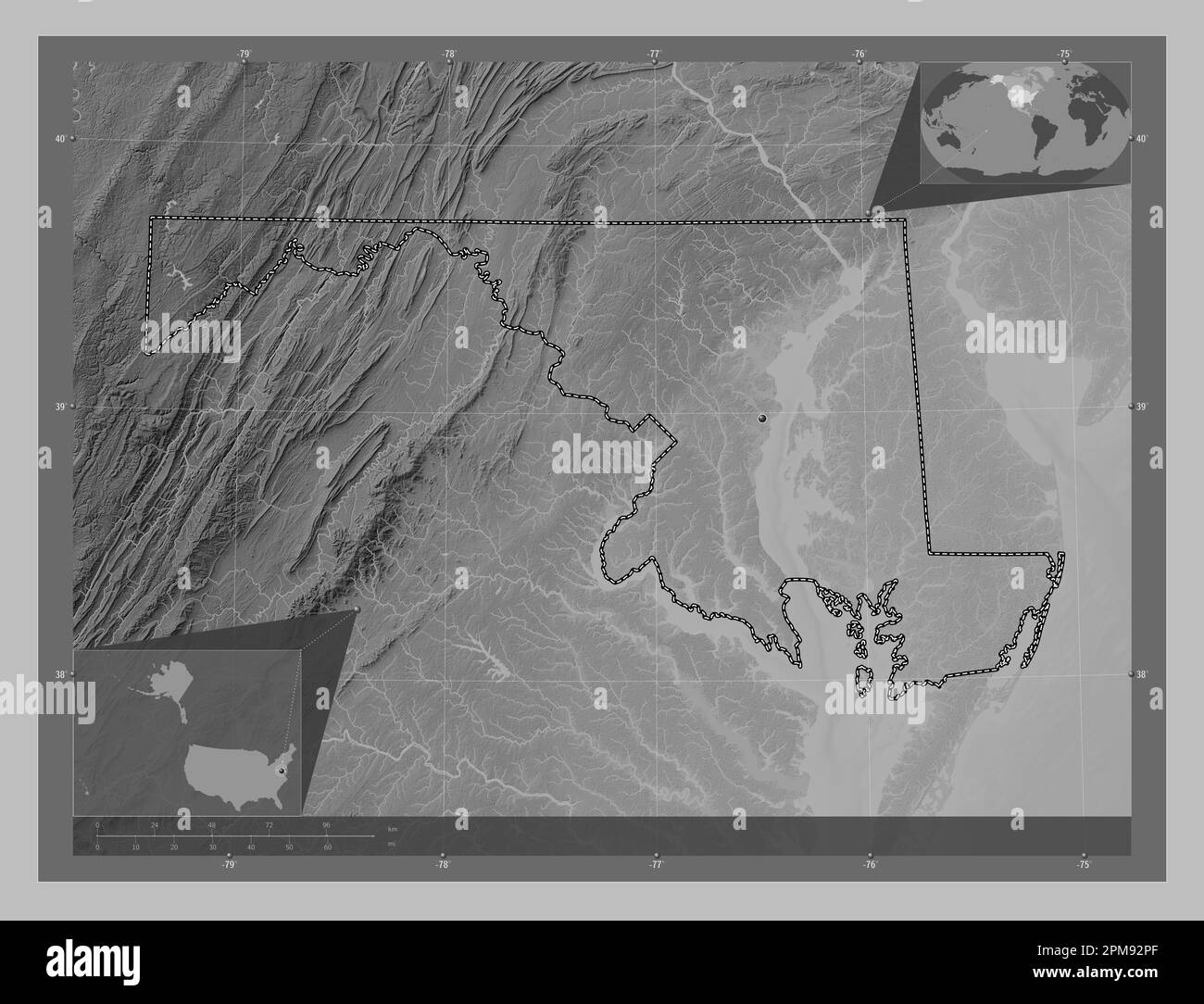 Maryland, state of United States of America. Grayscale elevation map ...