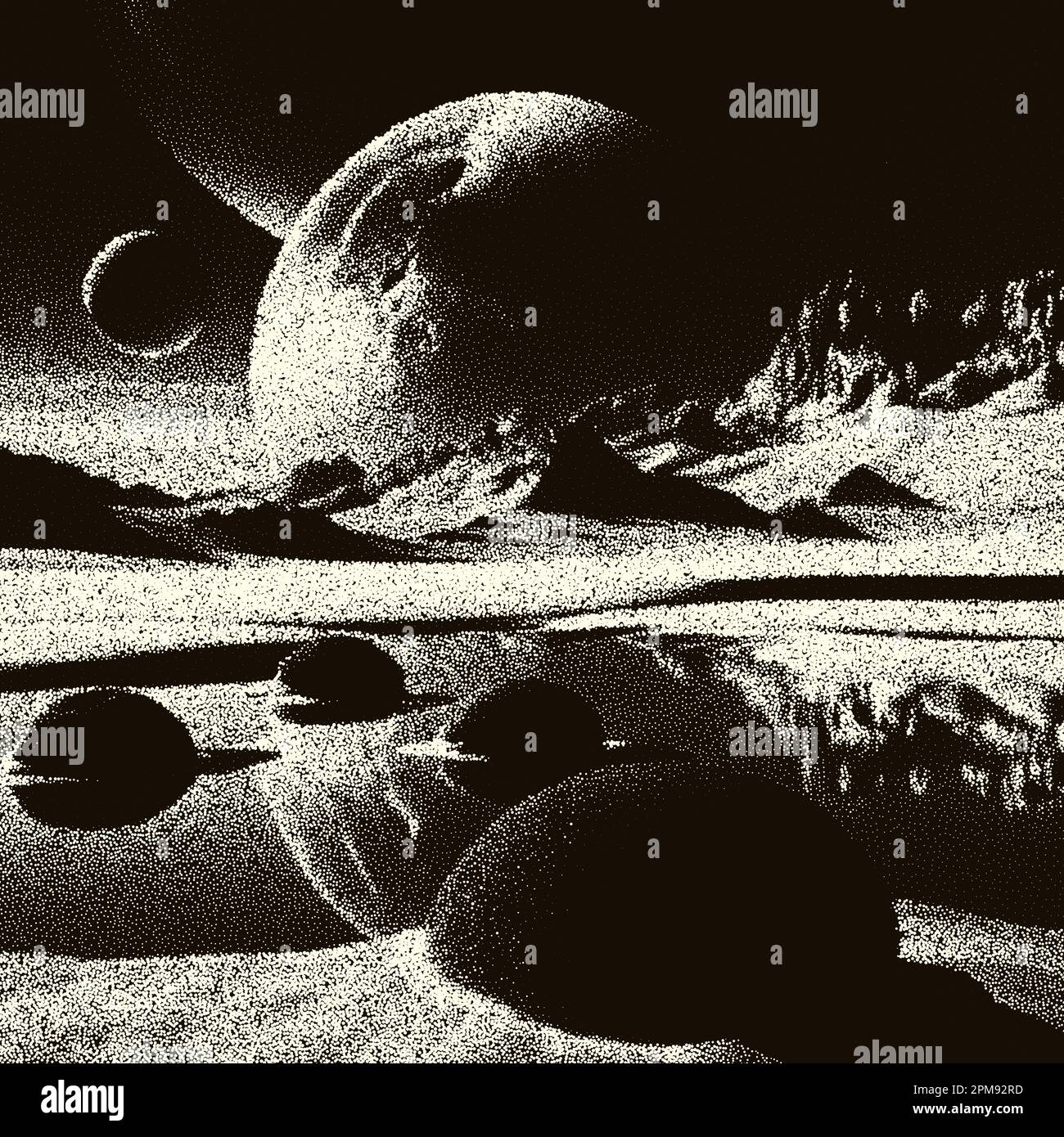 Alien planet landscape in retro dotwork style. Planets and satellites ...