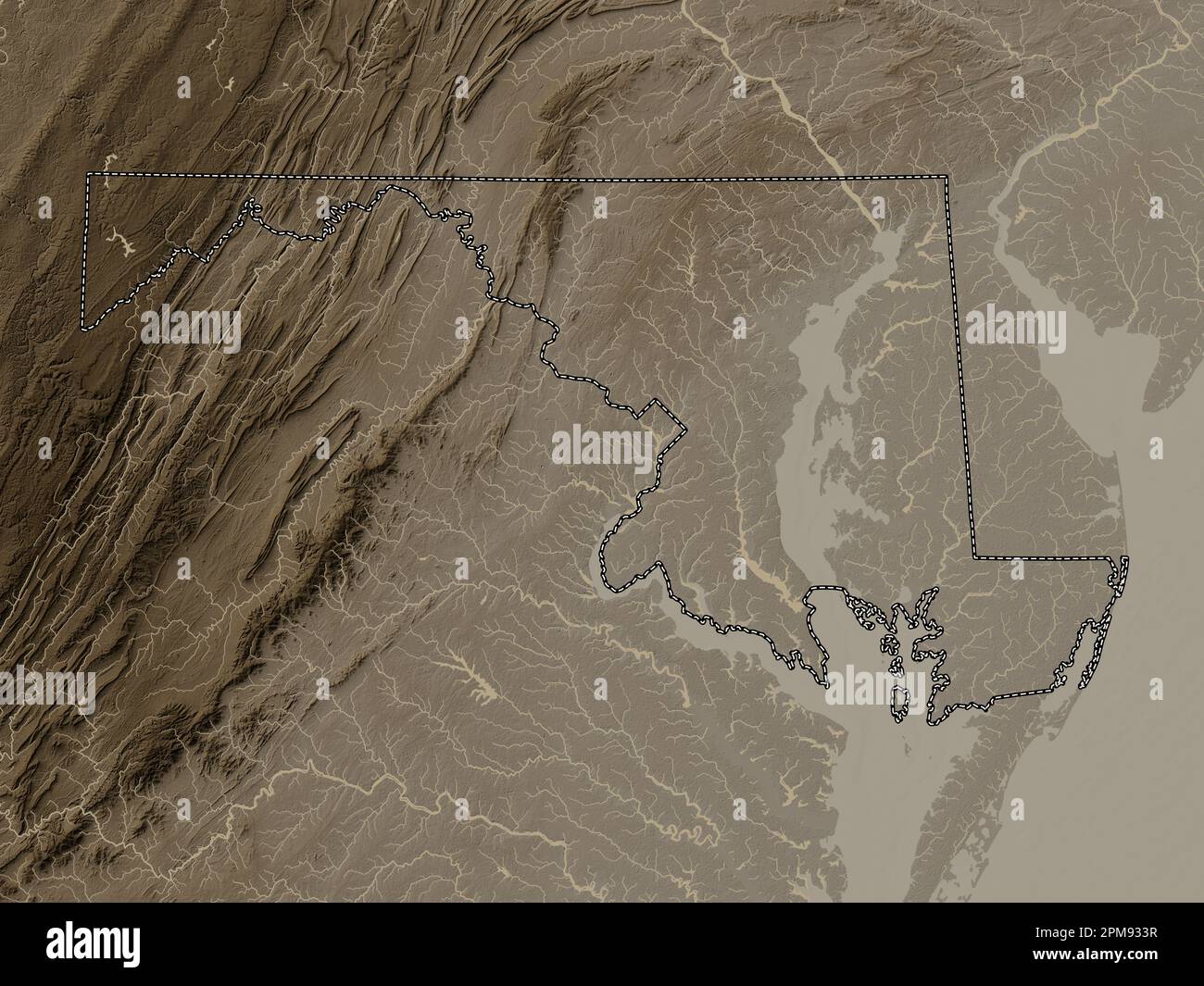Maryland, state of United States of America. Elevation map colored in ...