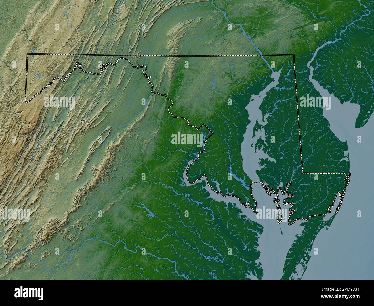 Maryland, state of United States of America. Colored elevation map with ...
