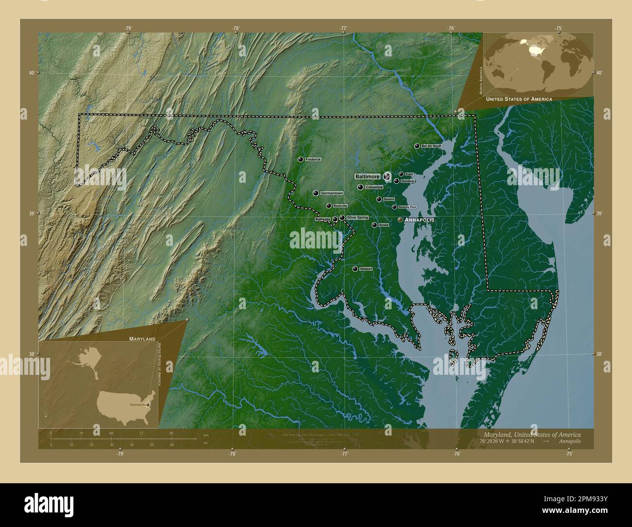 Maryland, state of United States of America. Colored elevation map with ...
