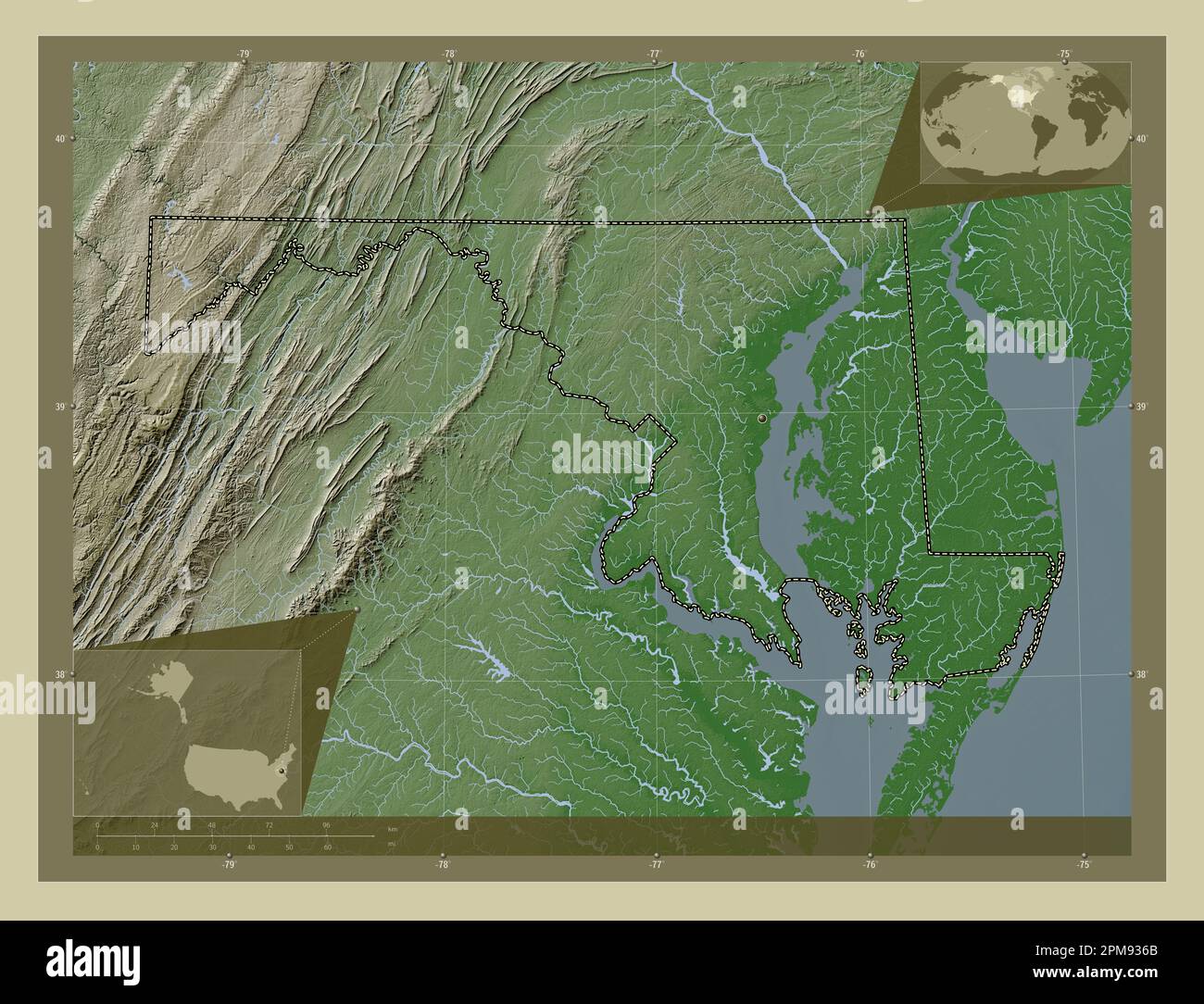 Maryland, state of United States of America. Elevation map colored in ...