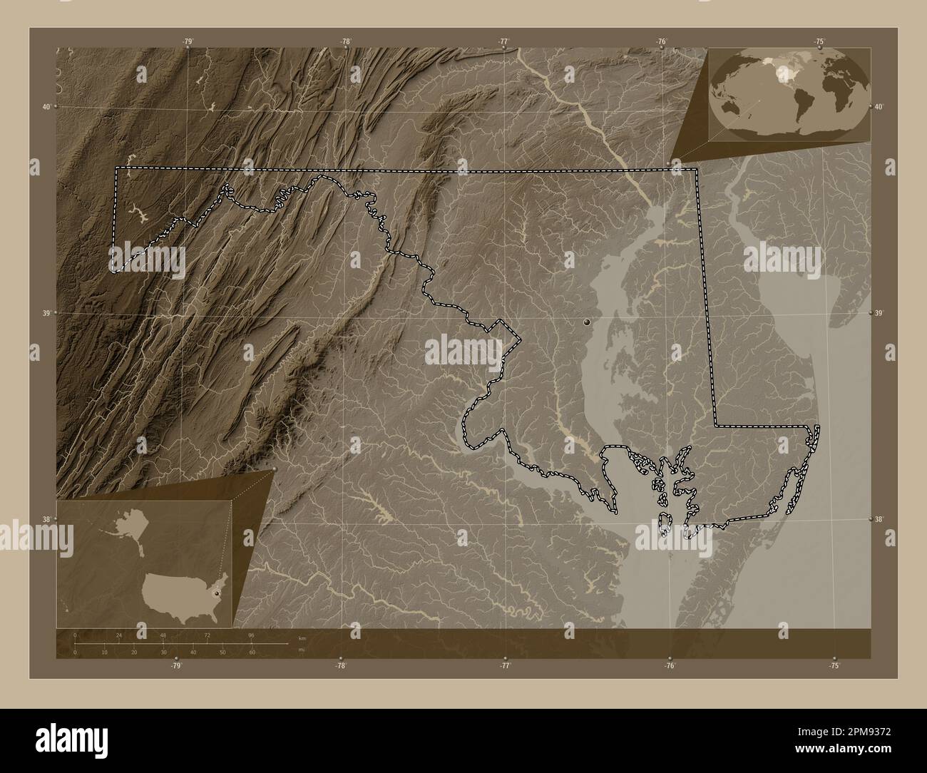 Maryland, state of United States of America. Elevation map colored in ...