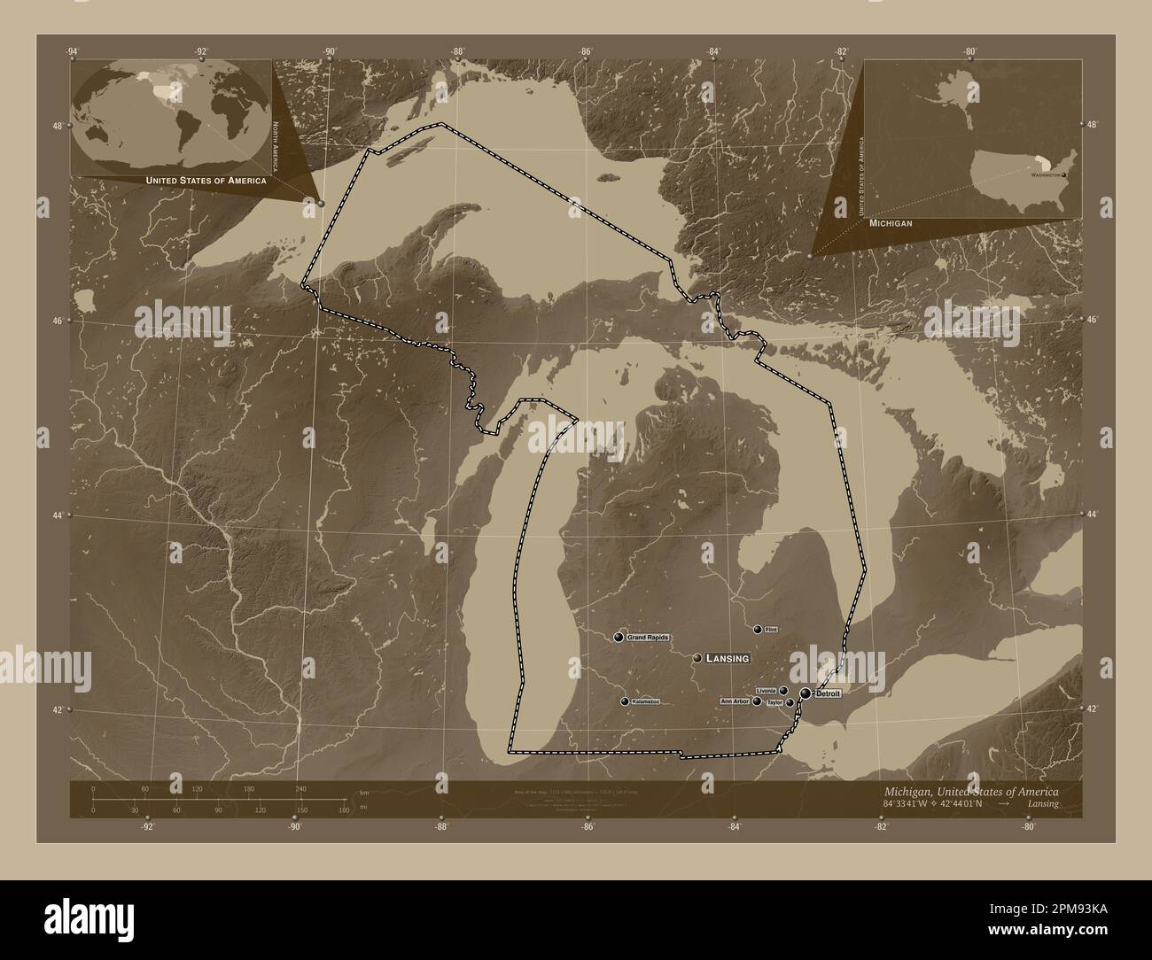 Michigan, state of United States of America. Elevation map colored in ...