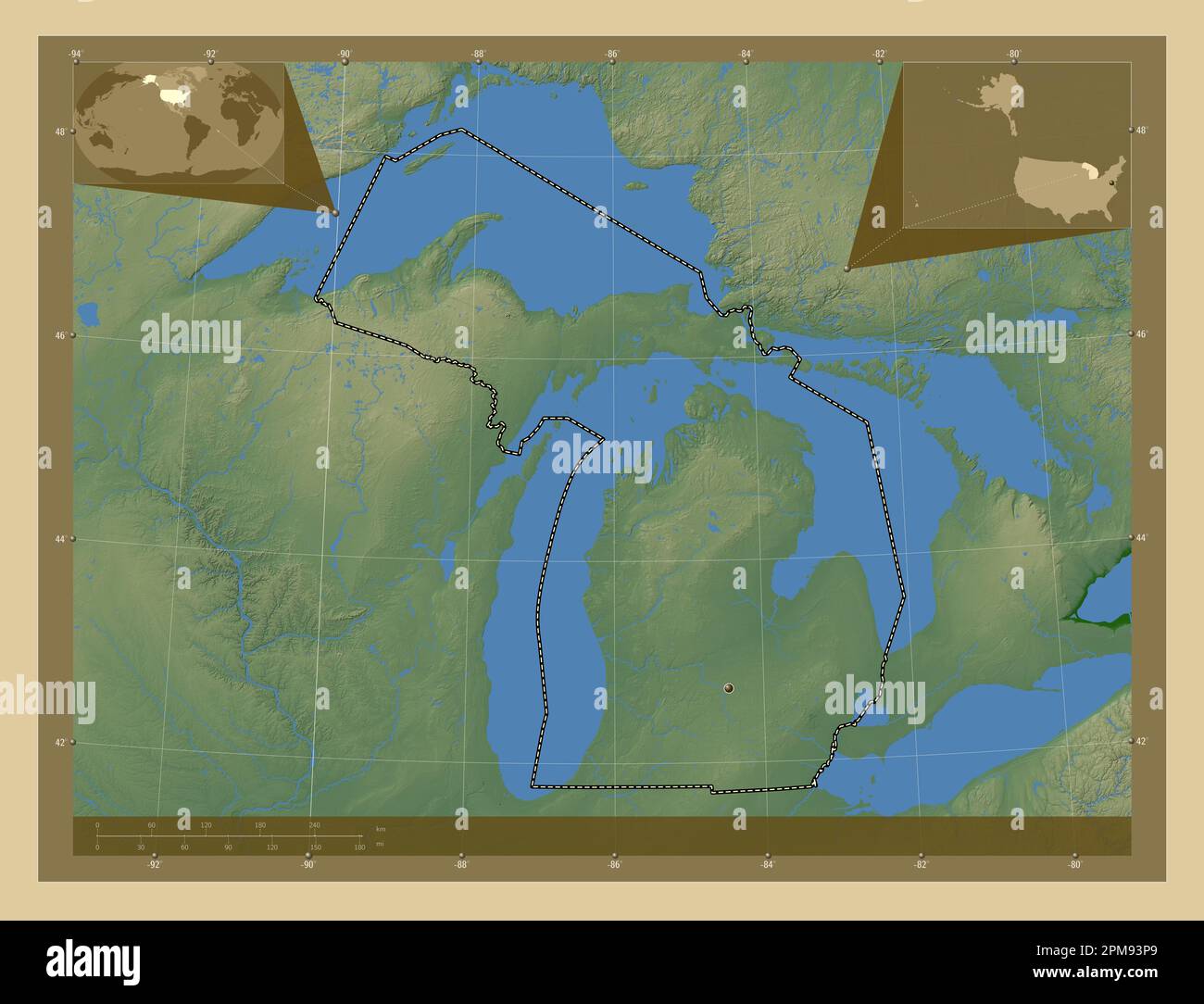 Michigan, state of United States of America. Colored elevation map with ...