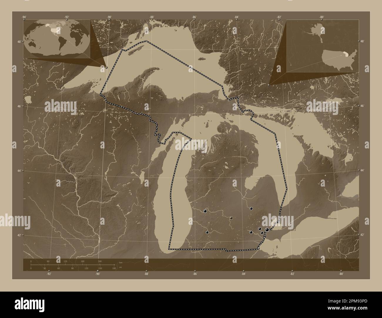 Michigan, state of United States of America. Elevation map colored in ...