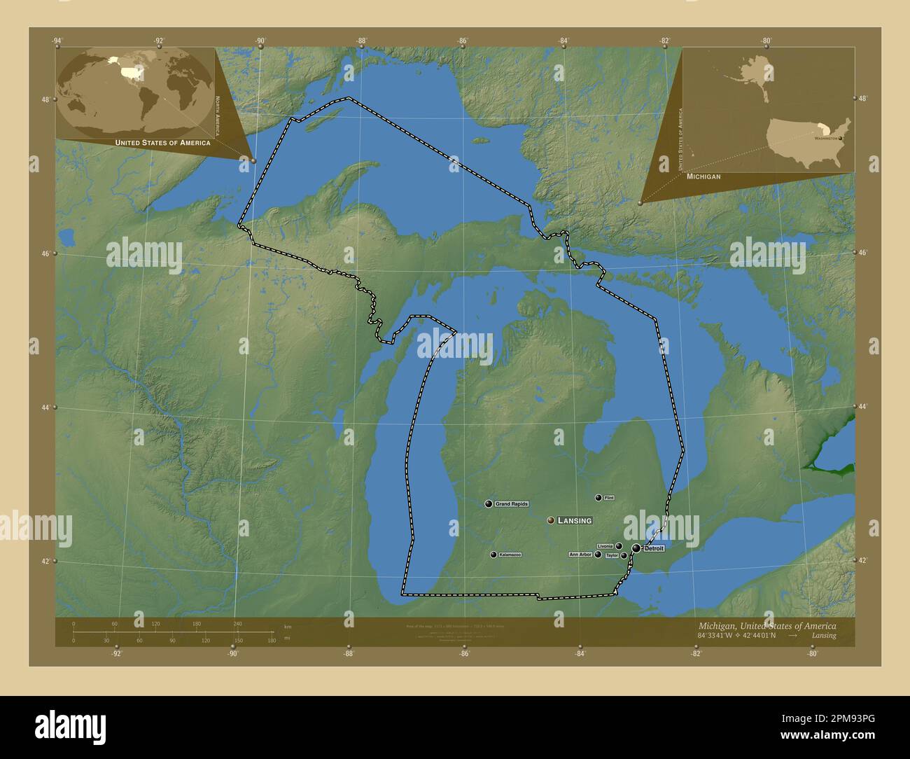 Michigan, state of United States of America. Colored elevation map with ...