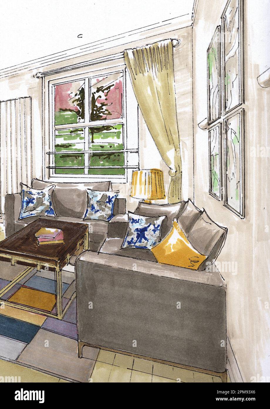 Colour sketch of a modern style lounge Stock Photo - Alamy