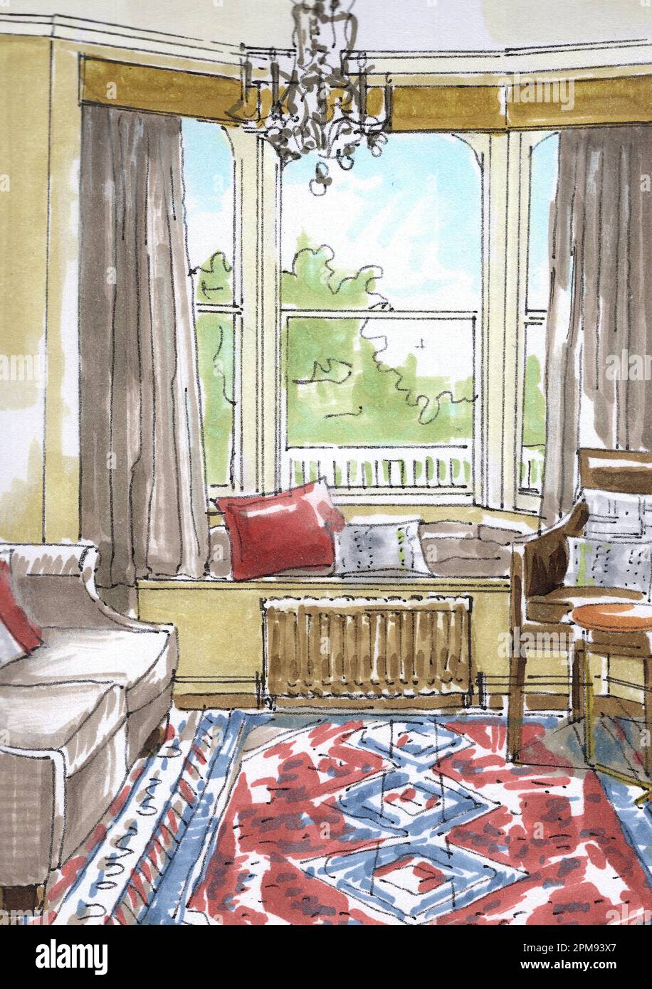 Colour sketch of a traditional style lounge Stock Photo - Alamy