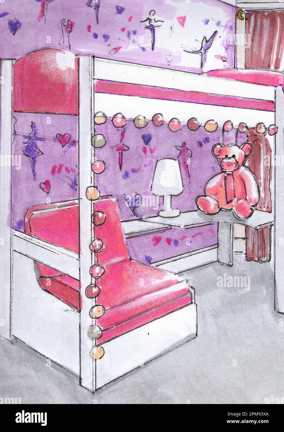 Colour sketch of a young girl's bedroom Stock Photo - Alamy