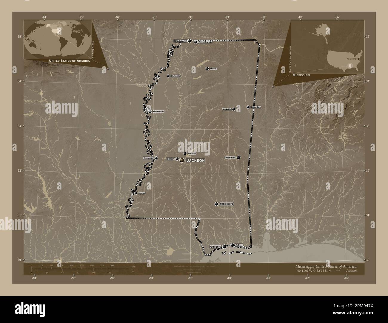 Mississippi, state of United States of America. Elevation map colored ...