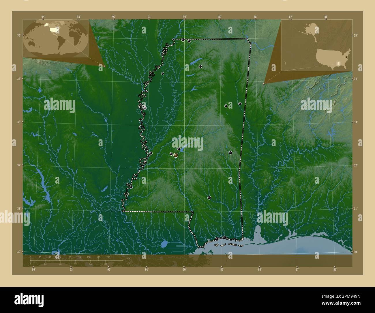 Mississippi, state of United States of America. Colored elevation map ...
