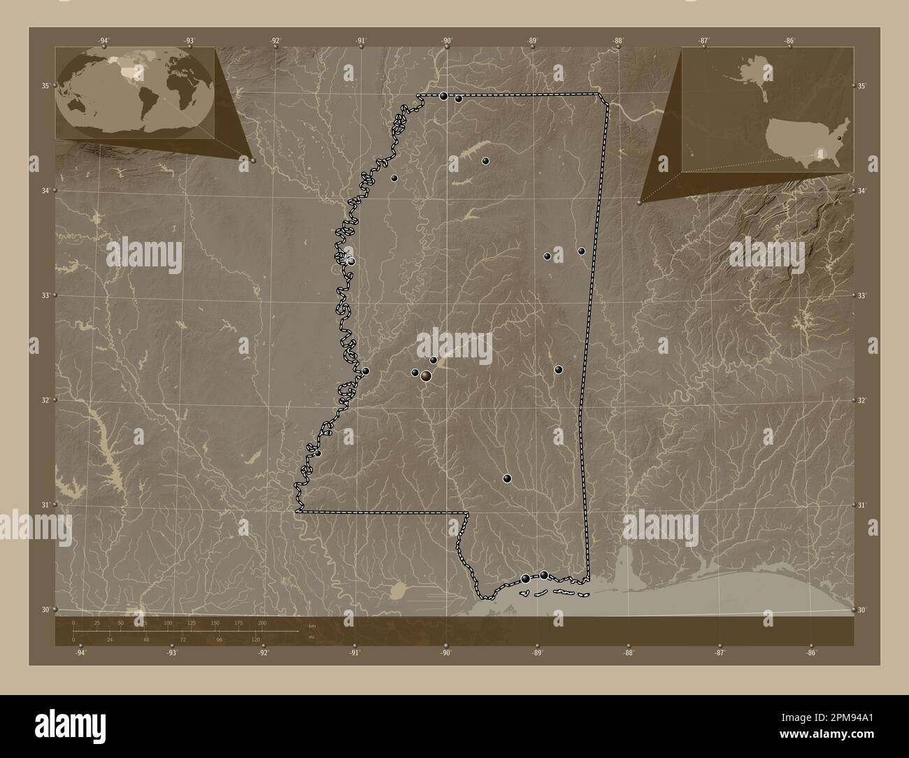 Mississippi, state of United States of America. Elevation map colored ...