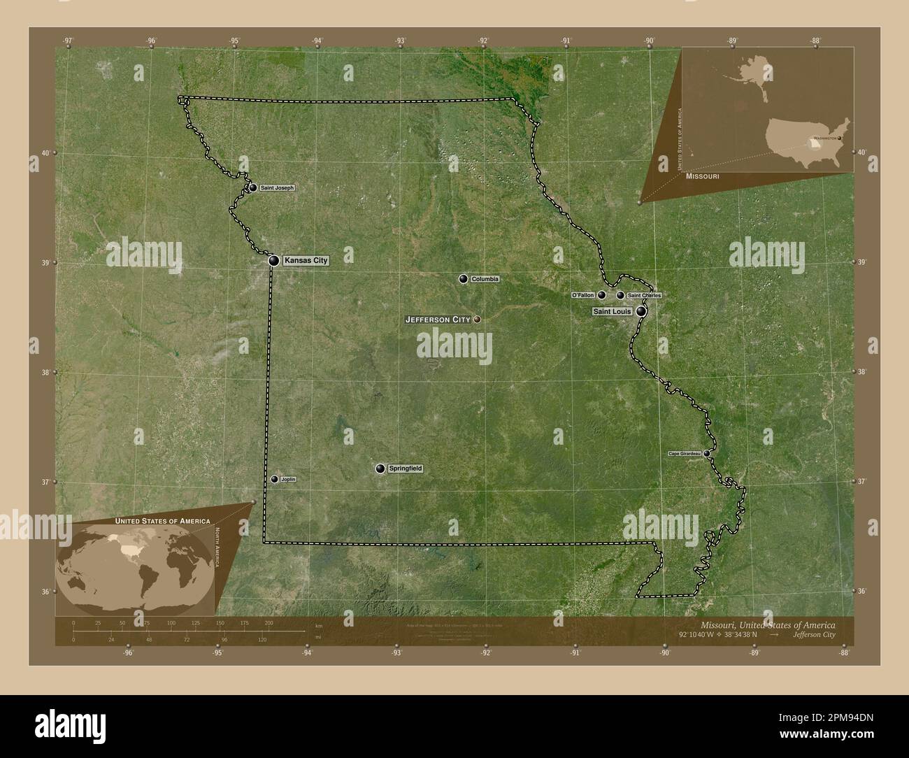 Missouri, state of United States of America. Low resolution satellite ...