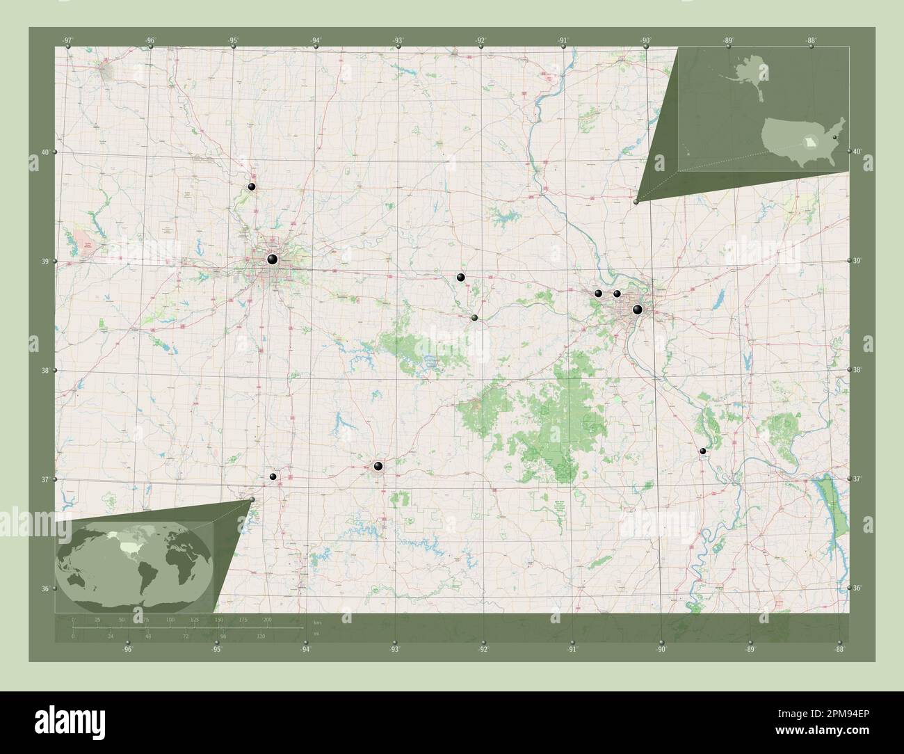 Missouri, state of United States of America. Open Street Map. Locations ...