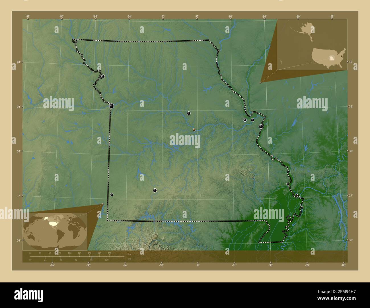 Missouri, state of United States of America. Colored elevation map with ...