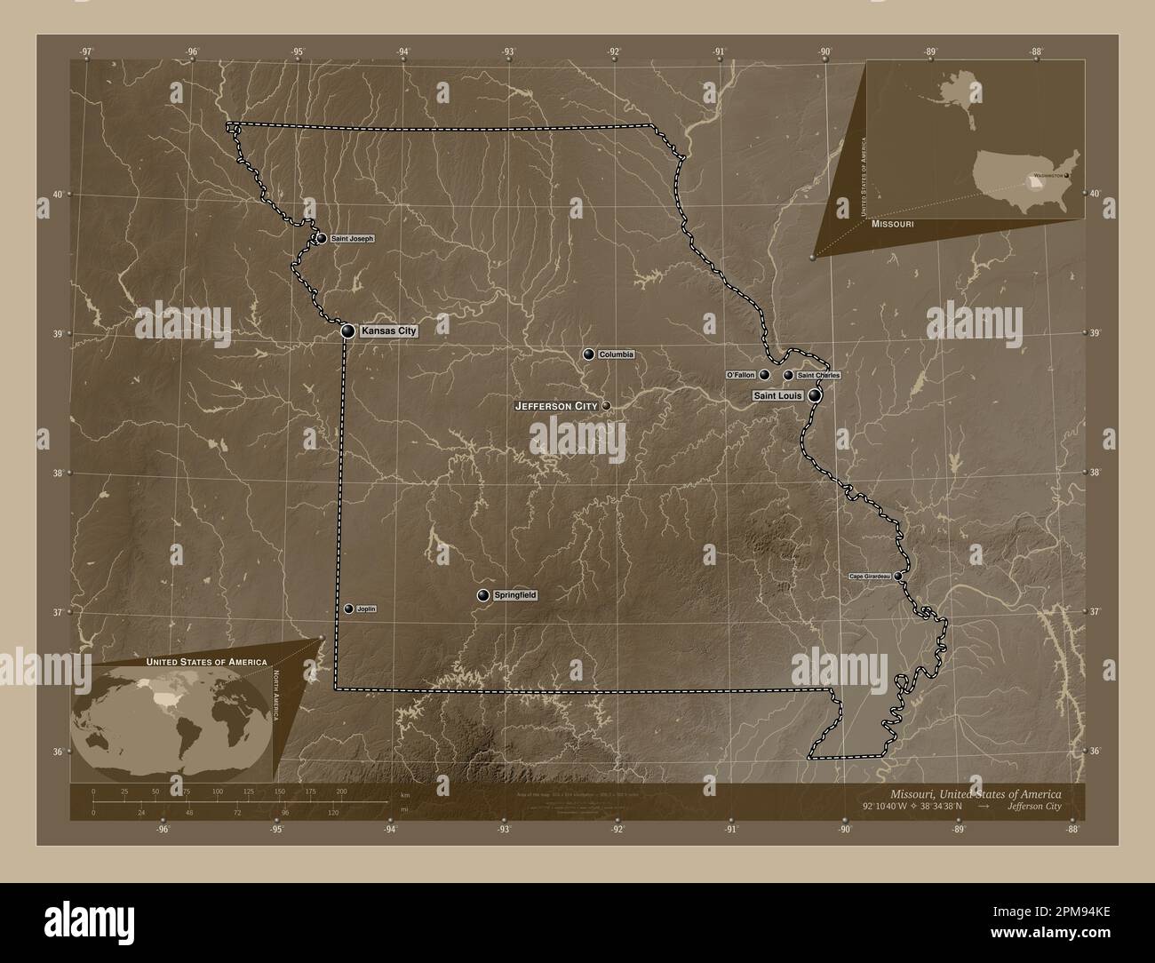 Missouri, state of United States of America. Elevation map colored in ...