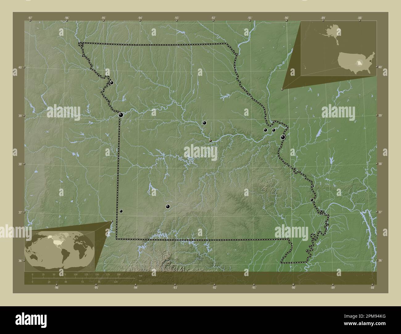 Missouri, state of United States of America. Elevation map colored in ...