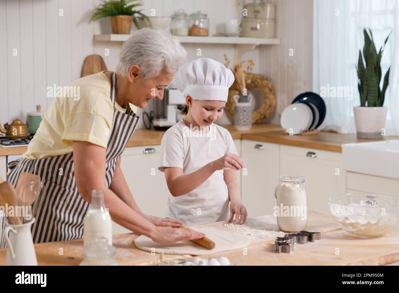 Happy family in kitchen. Grandmother and granddaughter child cook in ...