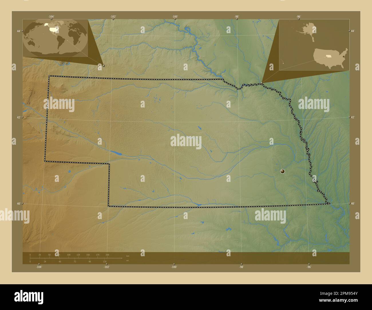 Nebraska, state of United States of America. Colored elevation map with ...