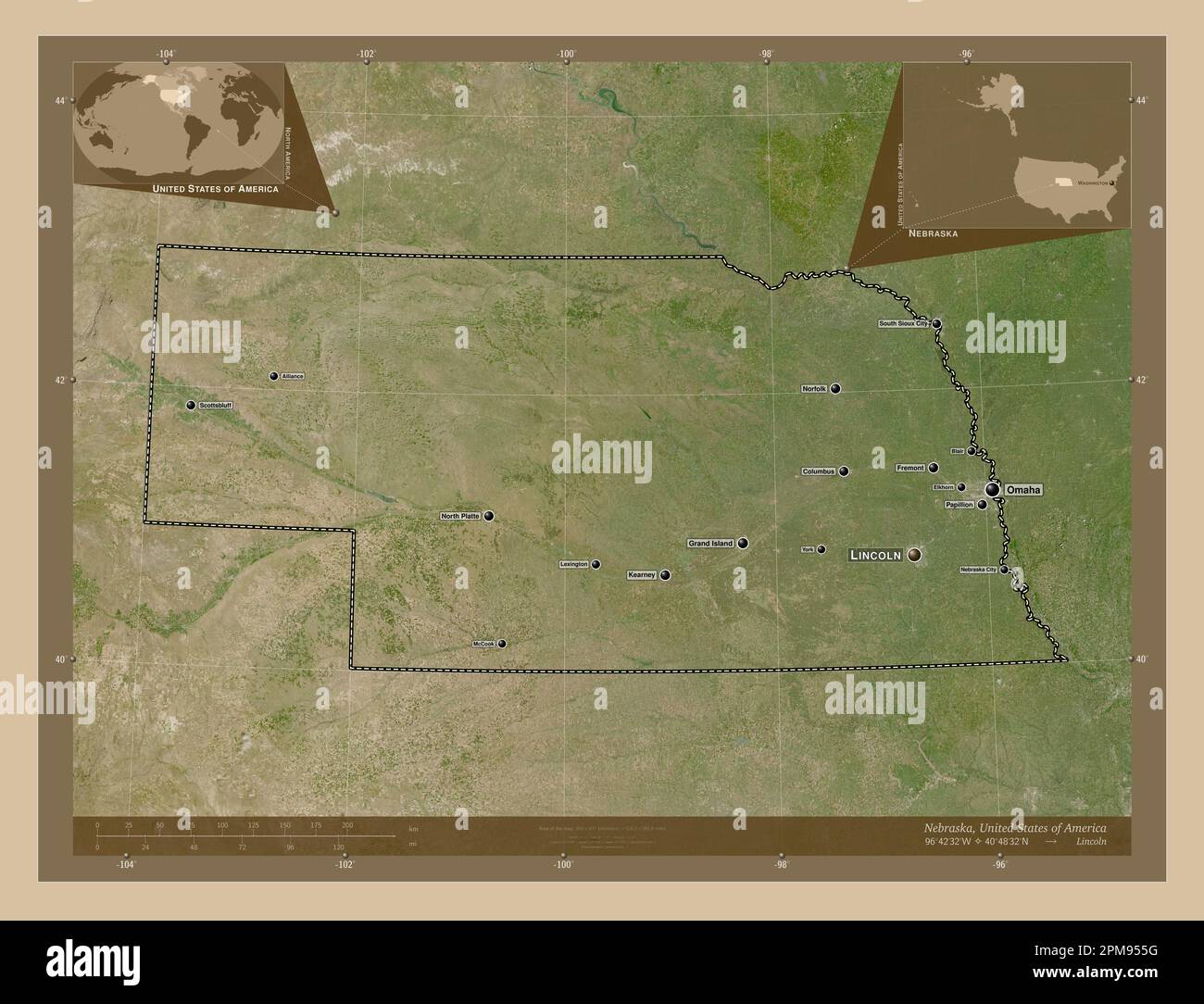Nebraska, state of United States of America. Low resolution satellite ...
