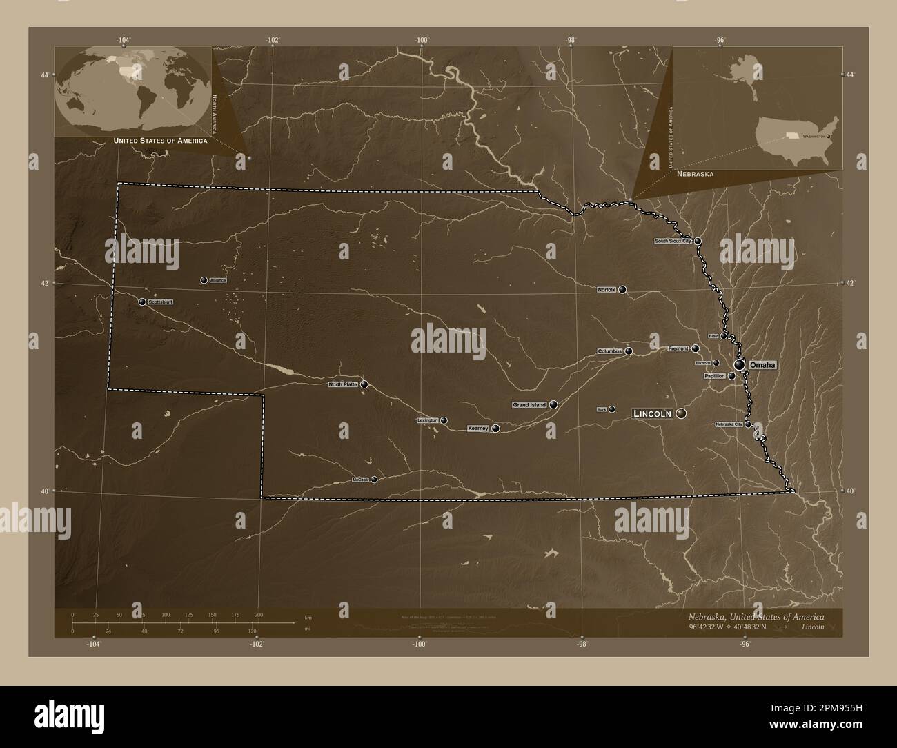 Nebraska, state of United States of America. Elevation map colored in ...