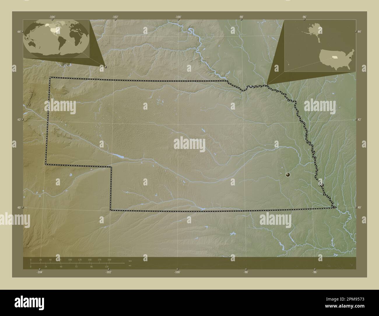 Nebraska, state of United States of America. Elevation map colored in ...