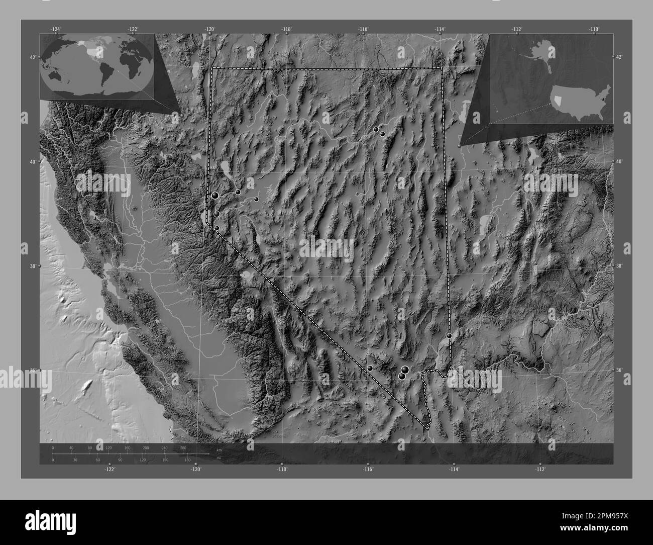Nevada, state of United States of America. Bilevel elevation map with ...