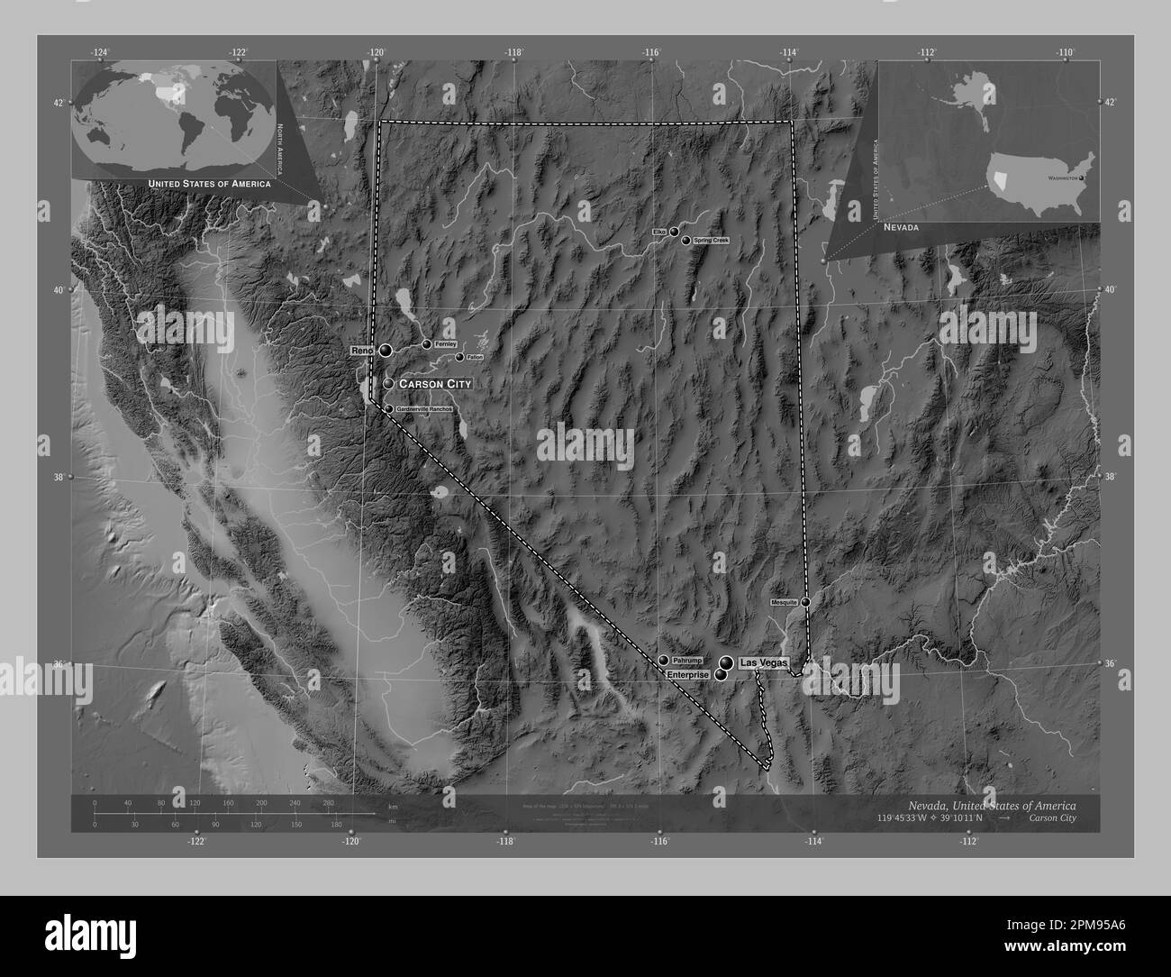 Nevada, state of United States of America. Grayscale elevation map with ...