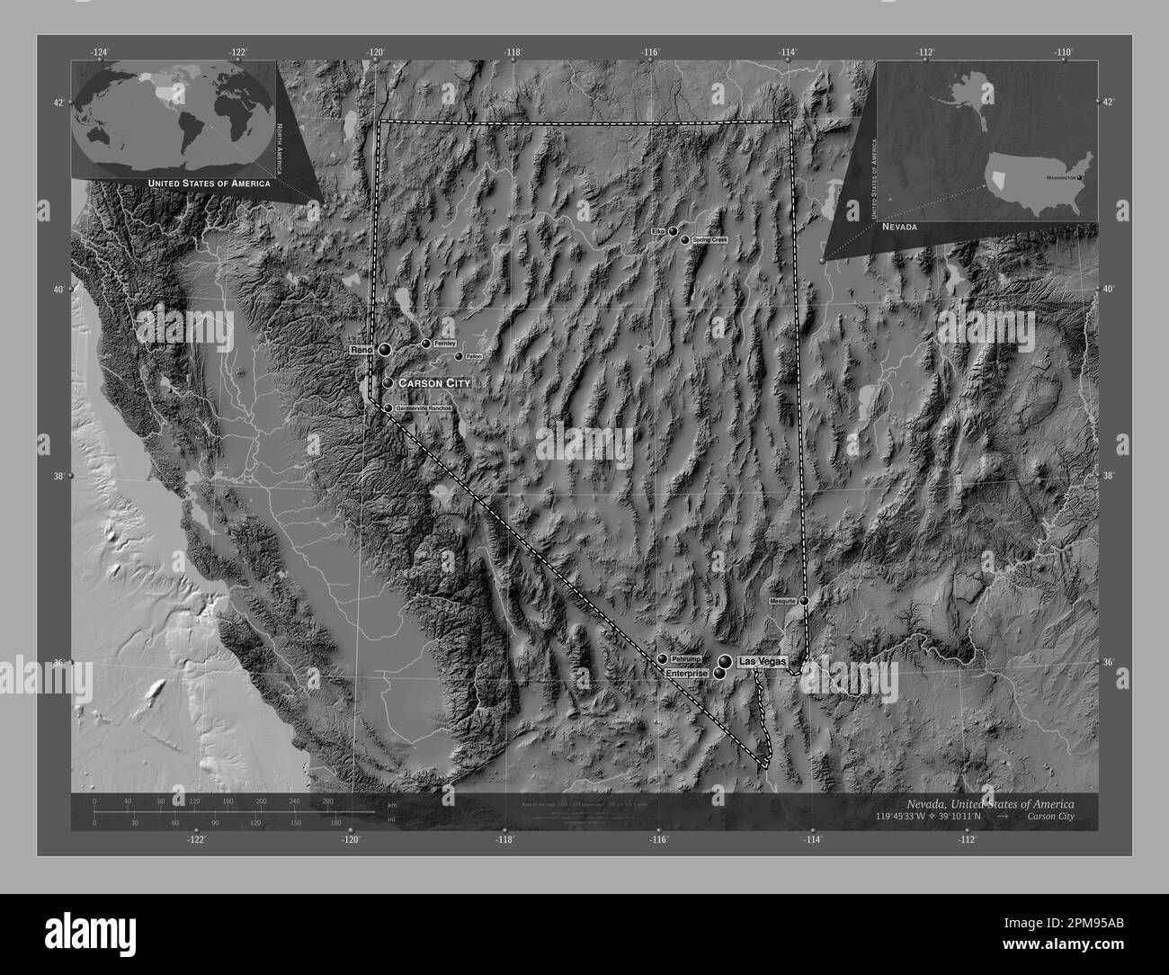 Nevada, state of United States of America. Bilevel elevation map with ...