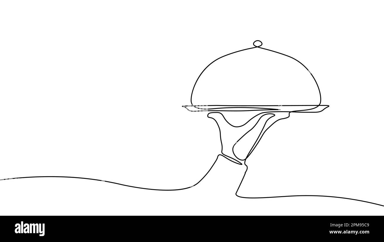 One line continuous waiter with tray closed lid restaurant concept. Hot ...