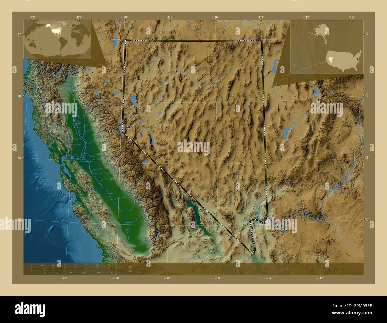 Nevada, state of United States of America. Colored elevation map with ...