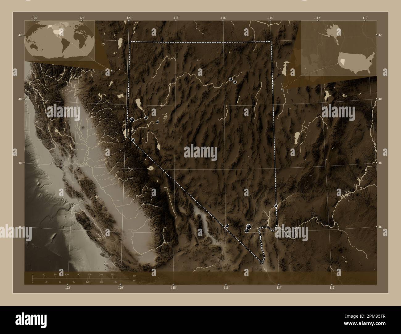 Nevada, state of United States of America. Elevation map colored in ...