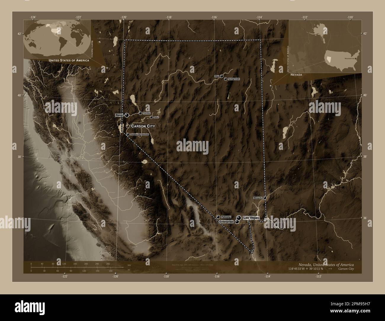 Nevada, state of United States of America. Elevation map colored in ...