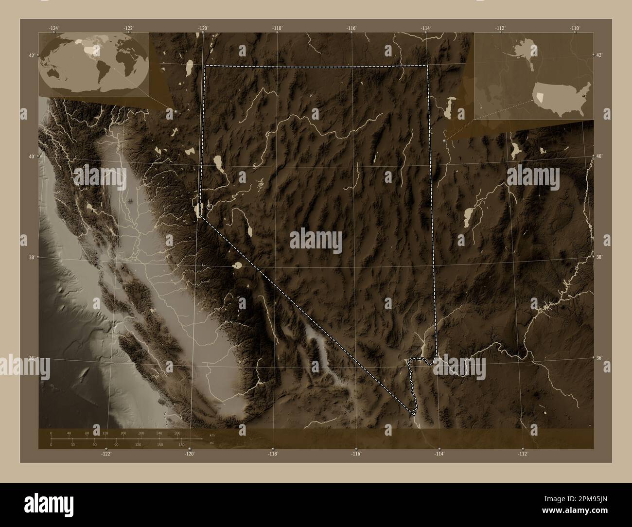 Nevada, state of United States of America. Elevation map colored in sepia tones with lakes and ...