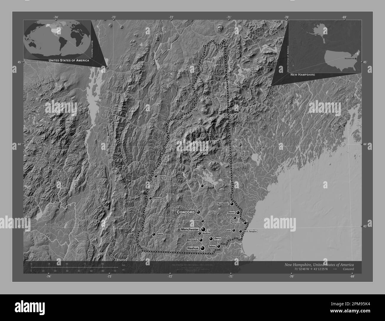 New Hampshire, state of United States of America. Bilevel elevation map ...
